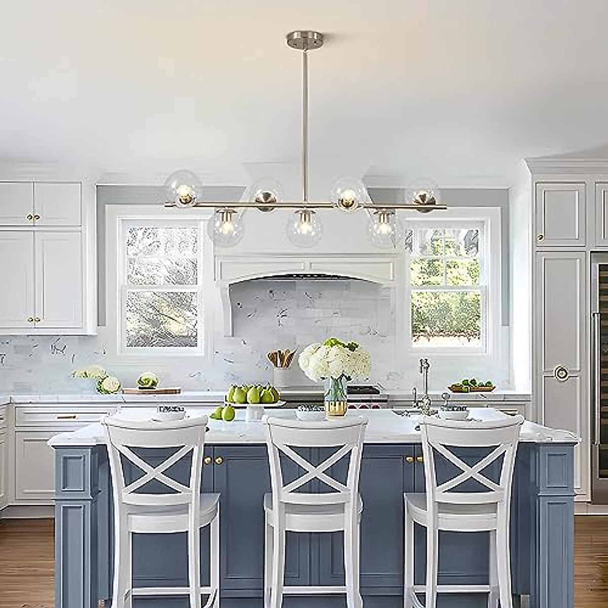 KCO Lighting Modern 7-Light Brushed Nickel Metal Large Chandelier Nordic Clear Glass Globe Farmhouse Pendant Light Silver Minimalist Adjustable Kitchen Island Hanging Ceiling Lights