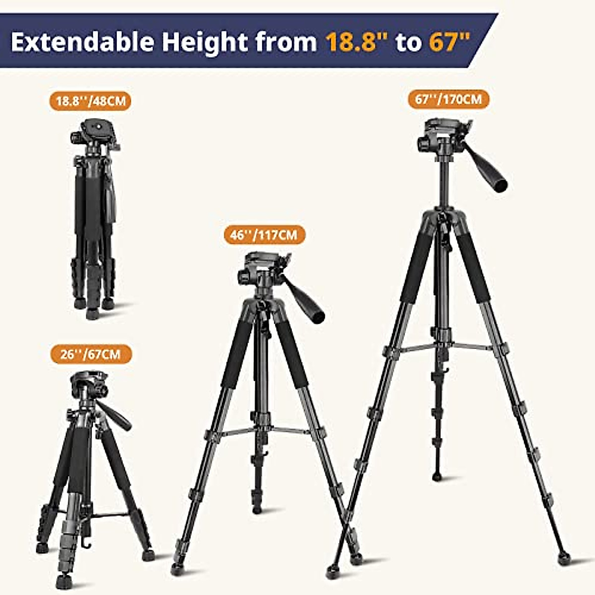 Eicaus 67 Inch Heavy Duty Tripod Stand for Cameras, Cell Phones, Projectors, Webcams, Spotting Scopes - Complete Unit for Canon, Nikon, Sony - Perfect for Phone & Camera Photography