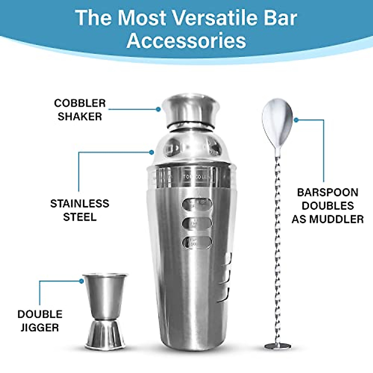 Stainless Steel Cocktail Shaker Set | 3-Piece | Anti-Smudge Martini Drink Mixer Bar Set with Mixing Spoon, 24 Oz Cocktail Drink Shaker with Jigger for Bartending | Solid Bartender Kit | Leak Proof
