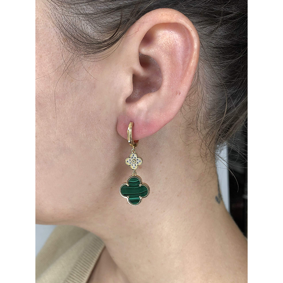 Lavari Jewelers Elegant Flower Drop Earrings for Women - Green Malachite & Cubic Zirconia in 925 Sterling Silver Clover Dangle Earrings - Hypoallergenic Yellow Gold Plated - Secure Hinge Post