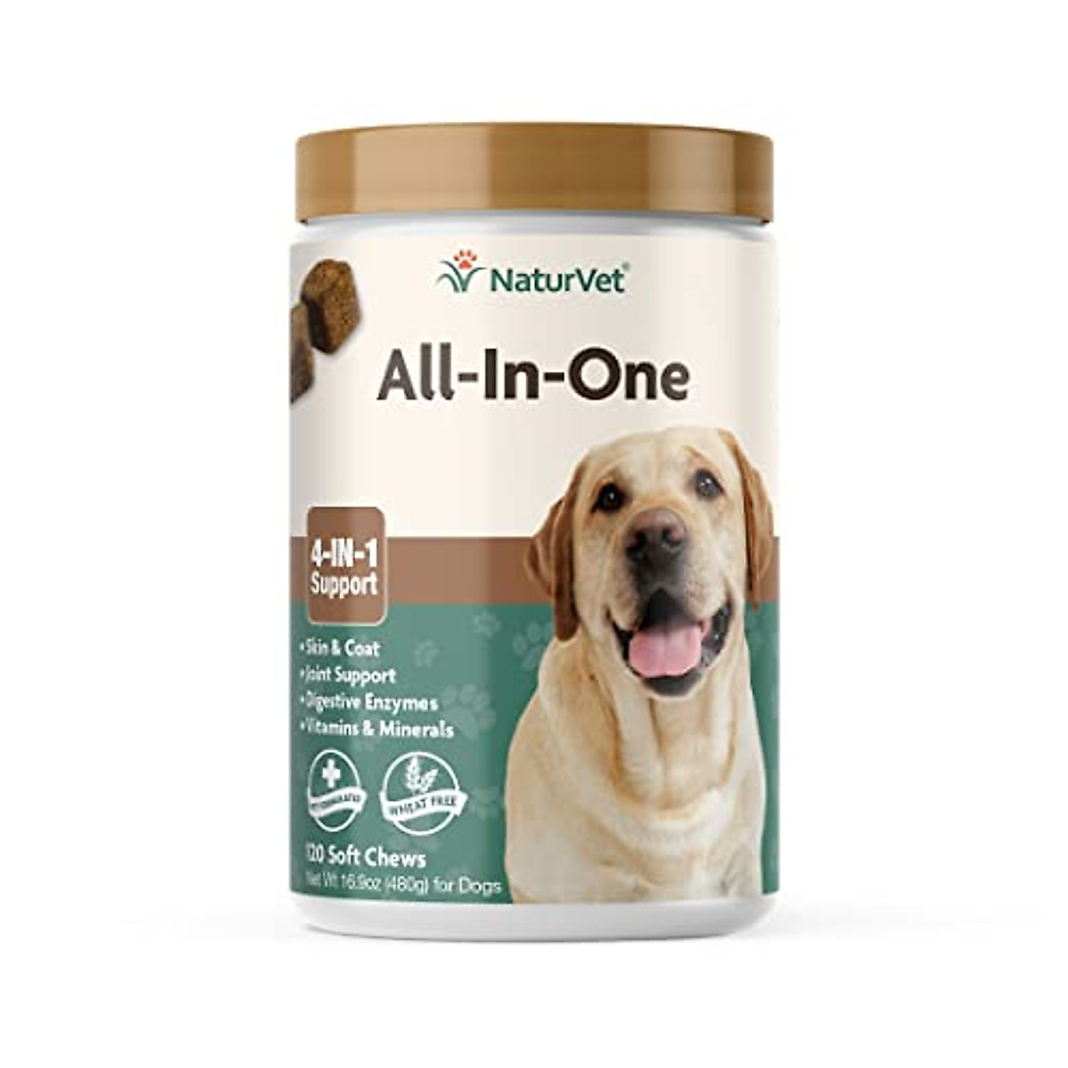 NaturVet All-in-One Dog Supplement - for Joint Support, Digestion, Skin, Coat Care – Dog Multivitamins with Minerals, Omega-3, 6, 9 – Wheat-Free Vitamins for Dogs – 120 Soft Chews