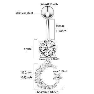 GulCean Belly Button Ring Dangle Moon and Stars for Women Sexy Surgical Steel Cute Dainty Boho Long Bar Dangly Belly Button Rings Hypoallergenic Jewelry for Her (Silver)