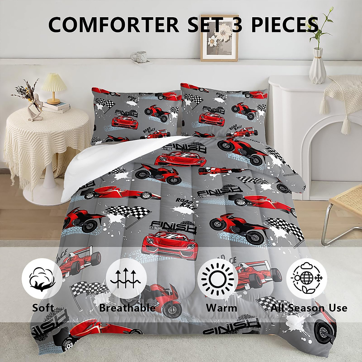 Axolotl Kid Comforter Set Twin Size,Racing Car Bedding Set for Boys Girls Teen Kids Children Car Racing Gifts,Race Cars Quilt Bed Set with 1 Comforter 2 Pillowcases,Red Grey