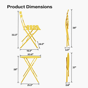 LAUSAINT HOME 3-Piece Steel Folding Bistro Set, Foldable Patio Furniture Set with Premium Frame, Outdoor Bistro Table and Chairs Set of 2 for Patio, Garden, Balcony and Poolside (Yellow)