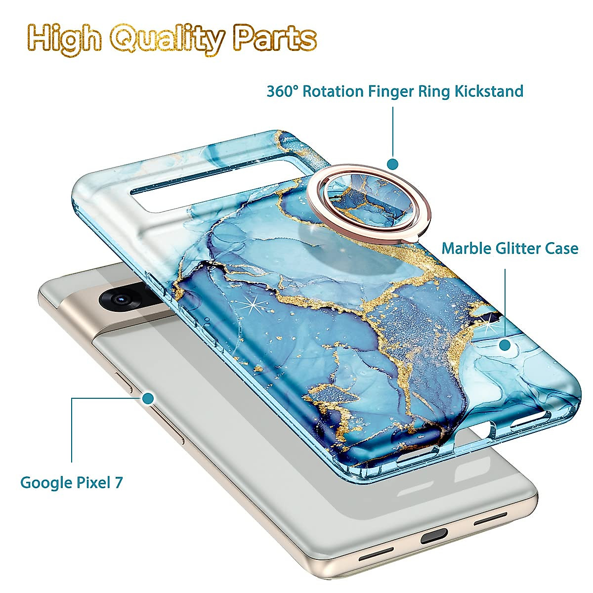 Hekodonk for Google Pixel 7 Case,Heavy Duty with Rotation Ring Kickstand Magnetic Car Mount Full Body Shockproof Rugged Protection Slim Marble Phone Case Cover for Google Pixel 7 Blue Marble
