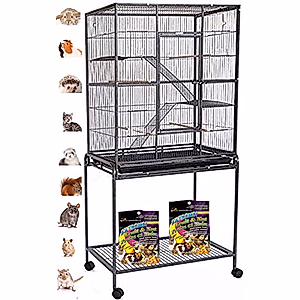 54" Deluxe Large Wrought Iron 4-Level Tight 1/2-inch Bar Spacing for Ferret Chinchilla Sugar Glider Mice Rat Cage with Removable Rolling Stand