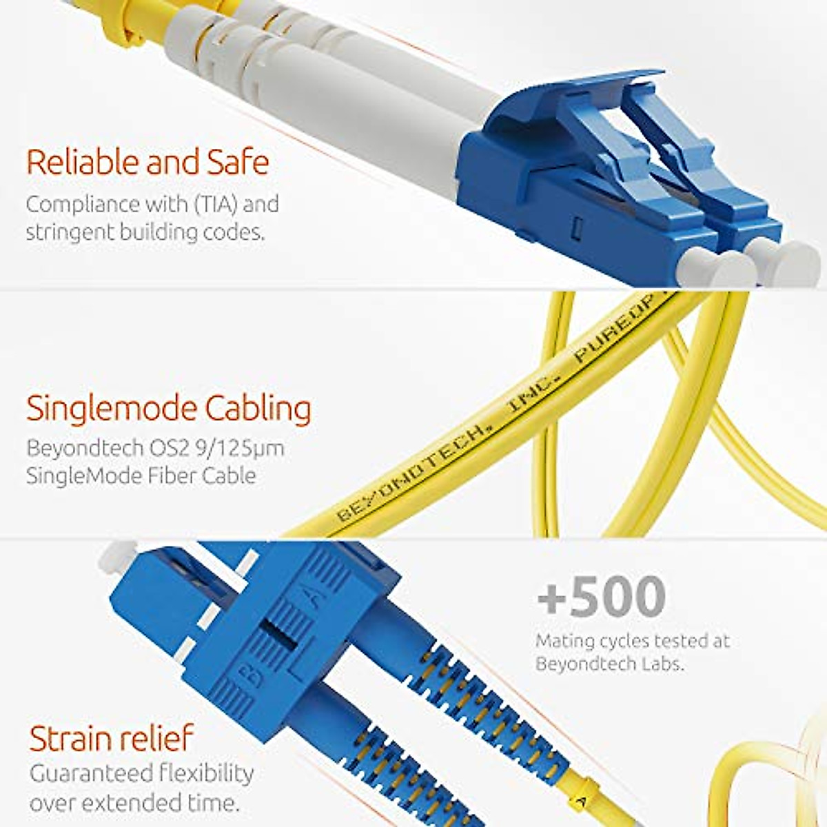 BEYONDTECH LC to SC Single Mode Fiber Patch Cord (Insensitive) - Duplex - 5M - UPC/UPC - 9/125um OS2 100G PureOptics Cable Series