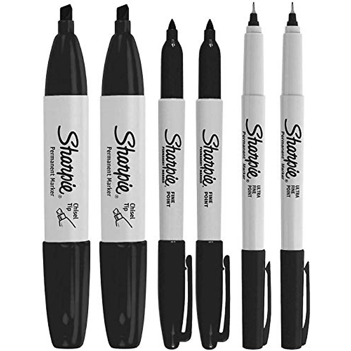 SHARPIE Permanent Markers, 6 Pack Assorted Sizes, Ultra Fine Tip, Fine Tip and Chisel Tip Permanent Markers - Black (1 Pack)