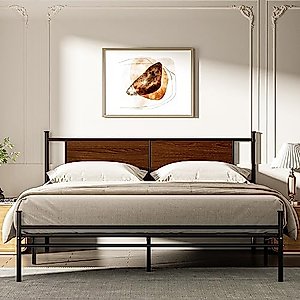 HAOARA King Size Bed Frame with Rustic Wood Headboard, Metal Heavy Duty Platform Frame, Sturdy Steel Slat Support, No Box Spring Needed, Black