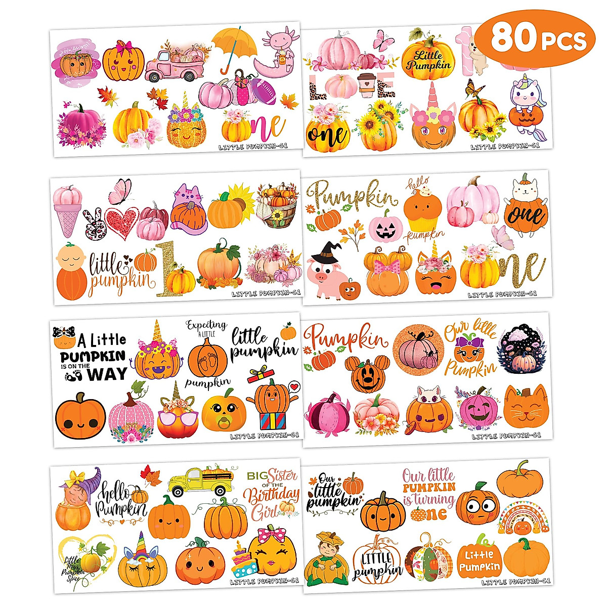 Little Pumpkin Baby Shower Birthday Temporary Tattoos - 80PCS Pumpkin Fall 1st Stickers for Party Decorations, Favors, and Prizes - Pink, Orange, and Maple Leaf Themed - Ideal Gifts for Boys
