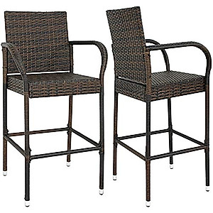 Oteymart Set of 2 Outdoor Wicker Rattan Bar Stool with Armrest Footrest Outdoor Patio Furniture Barstool Chairs All Weather UV Resistant Club Chair Patio Dining Chairs, Brown