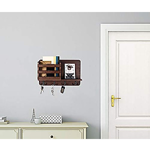 PAG Hanging Mail Organizer Entryway Wood Floating Shelf Accessories Storage Holder Rack with 4 Double Hooks, Brown