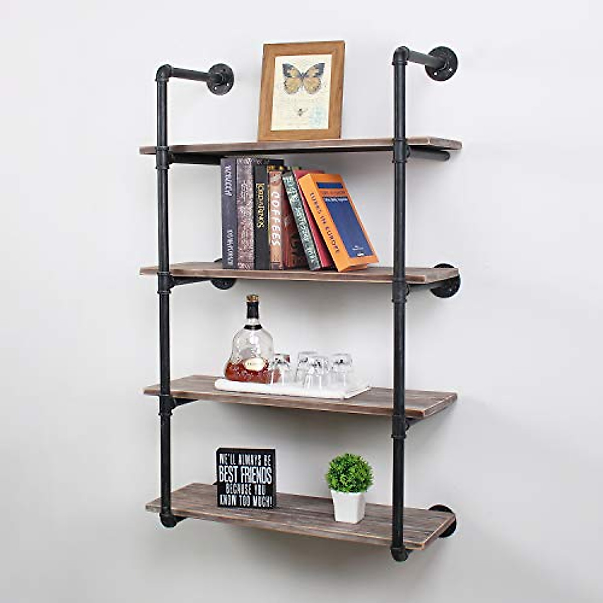 Industrial Pipe Floating Shelves,4 Tiers Wall Mount Bookshelf,30in Rustic Wall Shelves,DIY Storage Shelving Wall Shelf,Rustic Wall Shelving Unit,Wall Book Shelf for Home Organizer,Black Brushed Silver