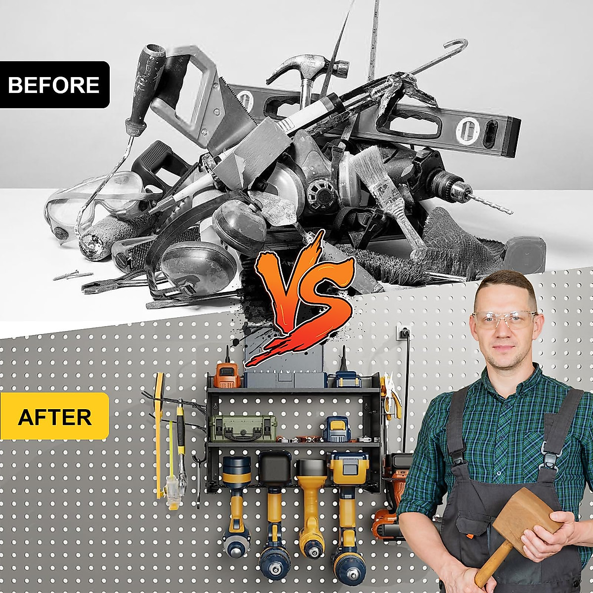 Havenfly Power Tool Organizer Wall Mount with Power Strip, 6 Drill Holder, Heavy Duty Metal Drill Storage Shelf with 8 Hooks, 3 Layer Storage Shelf with 2 Side Pegboards, Ideal Gifts for Men