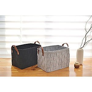 Collapsible Storage Basket Bins, Foldable Handmade Rectangular Felt Fabric Storage Box Cubes Containers with Handles- Large Organizer For Nursery Toys,Kids Room,Towels,Clothes, Grey （16"x11.8"x11.5"）