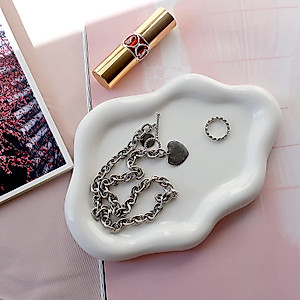 MDFAYE Jewelry Dish Trinket Tray for Women, Ring Dish Holder, Unique Cloud Shape Ceramic Plate Cute Things Vanity Aesthetic Room Decor Mother's Day Birthday Christmas Warm House Gifts (White)