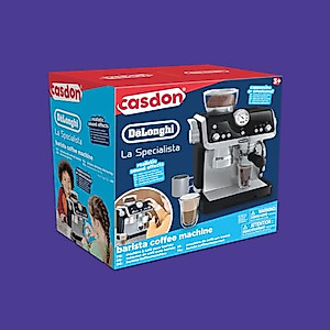 Casdon De'Longhi Toys Barista Coffee Machine. Toy Kitchen Playset for Kids with Moving Parts, Realistic Sounds and Magic Coffee Reveal. For Children Aged 3+, Silver, Black