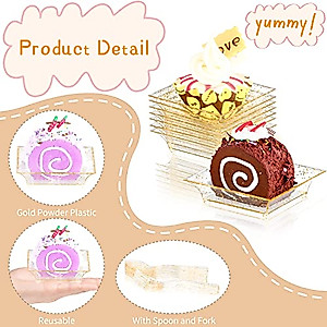 XUWAIDSGN 50 Pieces Mini Gold dessert plates 2.4 inch disposable Small Appetizer Plates with Forks Spoons Set Gold Glitter Plastic Square Tasting Sample Plates Party Mini Serving Tray for Appetizers
