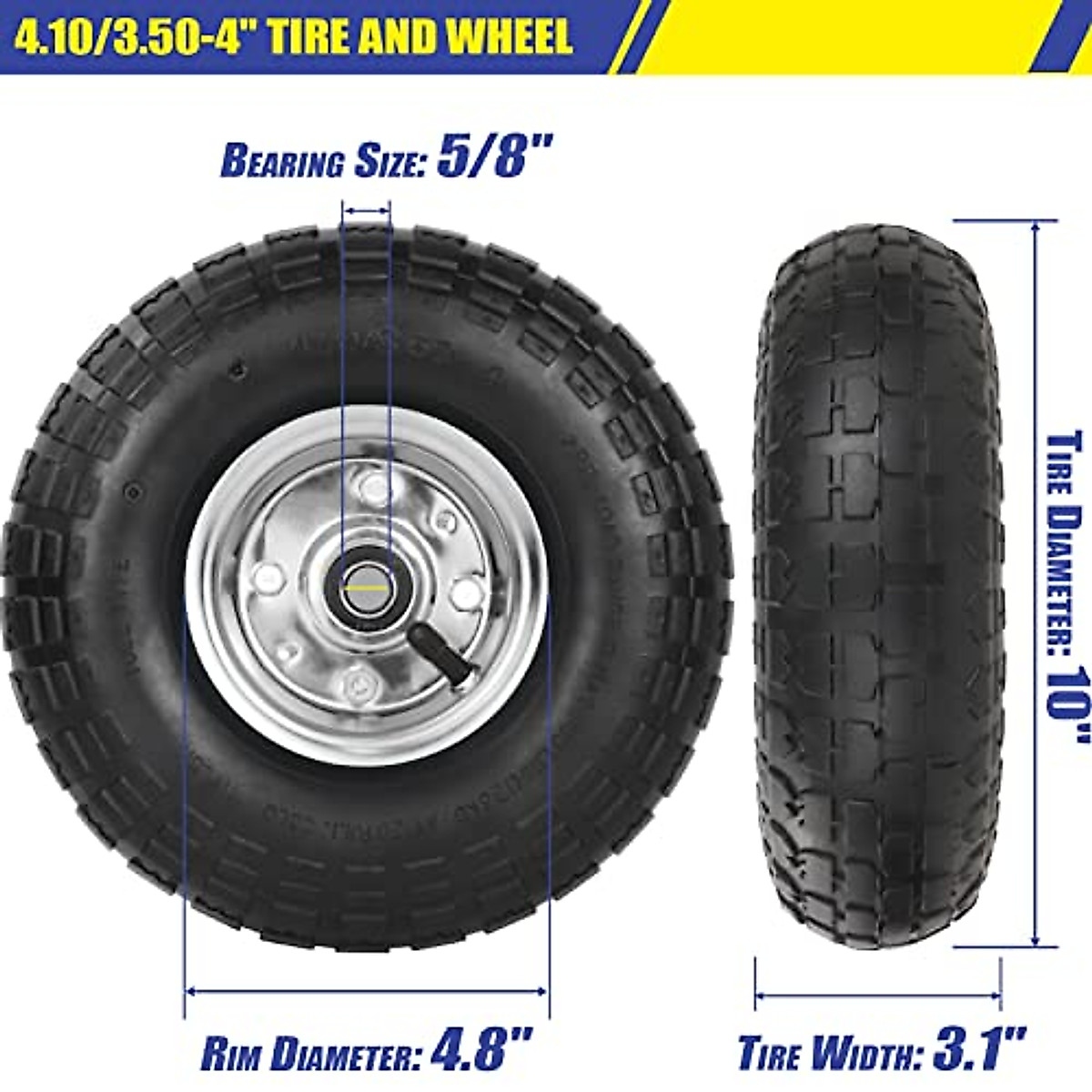 4 Pack 4.10/3.50-4" Pneumatic Air Filled Heavy-Duty Wheels/Tires,10" All Purpose Utility Wheels/Tires for Hand Truck/Gorilla Utility Cart/Garden Cart,5/8" Center Bearing,2.25" Offset Hub…