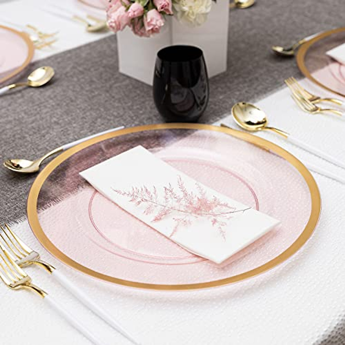 PLASTICPRO Plastic Pro 8 Pack Charger Plates 13 Inch Clear Pink with Gold Rim Plastic Dinner Chargers Heavy Duty Large Serving Platter Reusable Disposable