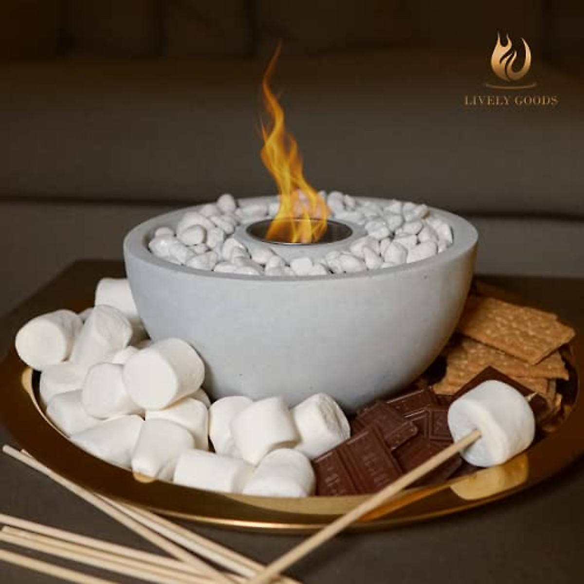 Concrete Tabletop Fire Pit - Smokeless & Odorless Round Ethanol Tabletop Fire Pit - Portable Outdoor & Indoor Smores Fire Pit - Mini Fireplace with Decorative Rocks - Bi Ethanol Fuel