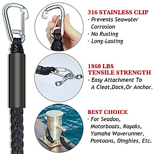 2PCS Fender Lines 2FT Premium Bungee Boat Lines with 316 Stainless Clip for Boat Bumper/Boat Fender Boat Accessories for Mooring for Jet Ski, SeaDoo, Yamaha WaveRunner Dinghy (Black, 2 Feet)