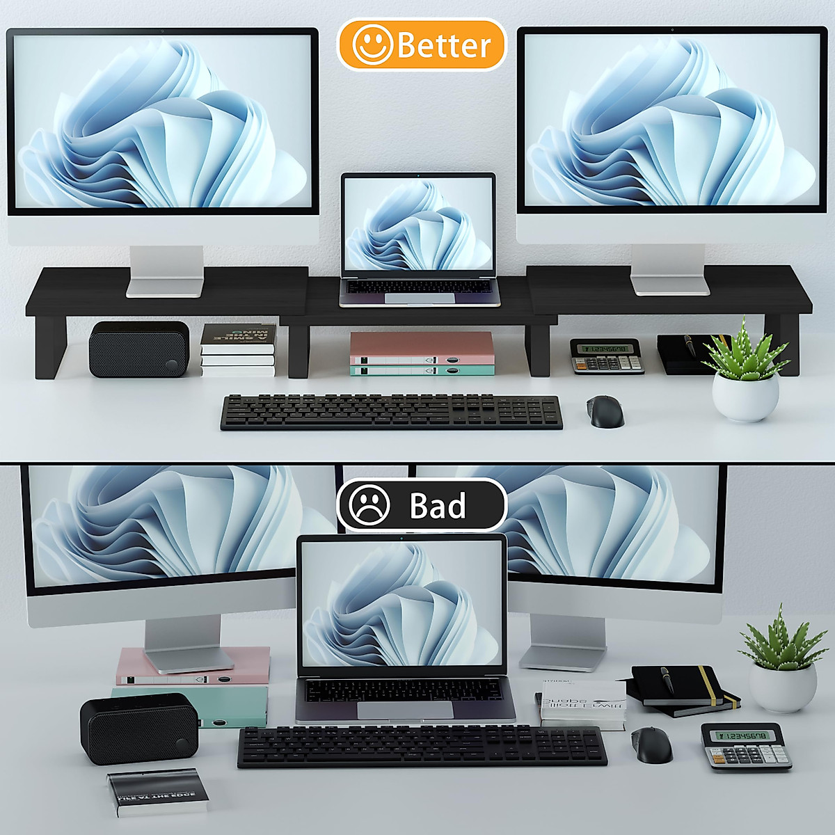 Aothia Desk Dual Monitor Stand Riser - Computer Stand For Desktop Monitor, Desk Shelf For Monitor, Wood Monitor Stand With Adjustable Length And Angle, Desktop Organizer, Large Monitor Stand (Black)