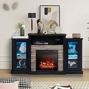 Tangkula Electric Fireplace TV Stand, Electric Fireplace Mantel with 16-Color Led Lights, Adjustable Glass Shelves, Remote & Smart APP Control, TV Console for Living Room (Black)