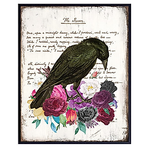 The Raven Edgar Allan Poe Decor - Gift for Medieval, Gothic, Wicca, Wiccan, Witchcraft, Occult Fan, Women - Goth Wall Art - Creepy Poster for Bedroom, Living Room - Crow, Roses, Flowers Picture