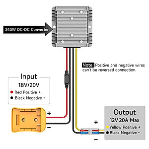 20V to 12V Step Down Converter for DeWalt 20V Power Wheels Battery Adapter, DC 12V 20A 240W Buck Converter Regulator with 30A Fuse & Wire Terminal