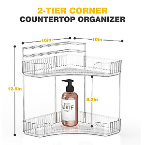 Asayuee 2-Tier Corner Bathroom Counter Organizer with Top Toothbrush Holders,Large Makeup Organizer Countertop with Brush Holder,Skincare Organizers Corner,Exquisite Vanity Organizer(Clear, 2 Tier)
