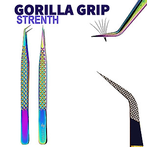 Eyelash Extension Tweezers Fiber Tip (Anti – Slip) Set of 2 pieces straight & curved with Diamond Grip, Rainbow Colour,14cm, volume Tweezers, Lash Extension Precision tweezers. (Multi)