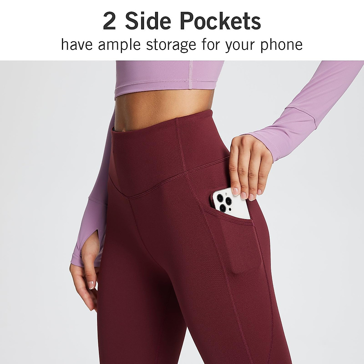 BALEAF Women's Fleece Lined Leggings with Pockets 25" Petite Thermal Winter Warm High Waisted Thick 7/8 Yoga Pants Wine Red S