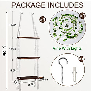 Hanging Shelf with Vine Lights, Macrame Plant Shelf, Wall Shelf, Wall Storage with Handmade Woven Ropes, 3 Tier Floating Shelf, Boho Room Decor Aesthetic for Succulents, Bedroom, Living Room, Bathroom