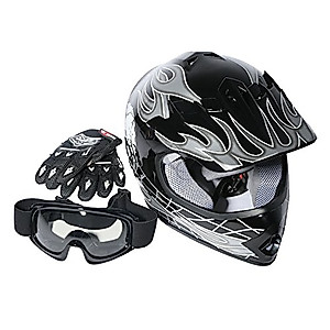 Tengchang DOT Youth Kids ATV Motocross Dirt Bike Black Skull Helmet w/Goggles+Gloves(L)