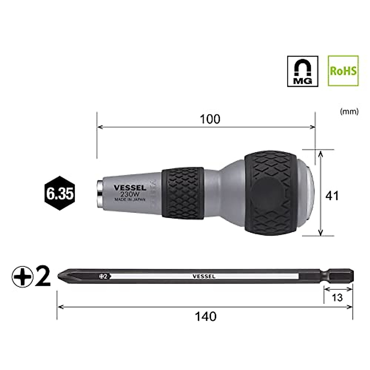 VESSEL Ball Grip (Bit-replaceable Tang-Thru Screwdriver) [No.230W-2] (Ph No.2) (Japan Import)