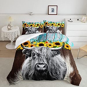 Highland Cattle Flower Comforter Set Queen Size Bull Cattle Bedding Set Western Funny Animal Bedding Set Wildlife Farmhouse Cow Quilt Set Sunflowers Comforter Set for Kids Teens Boys Girls Adults