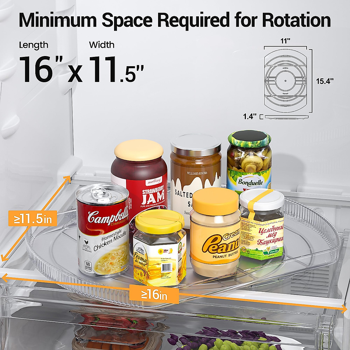 LAMU Lazy Susan Organizer for Refrigerator 15.4''x11'' Turntable Organizer for Fridge, Cabinet, Pantry, Kitchen Bathroom Vanity Makeup Refrigerator Organizers and Storage, Clear, Rectangle,1Pack