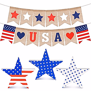 2 Pcs 4th of July Banner Burlap Patriotic Garland and 3 Pcs Independence Day Wooden Stars Rustic Signs USA Freestanding National Day Decor Red White Blue Bunting Garland for Table Decorations