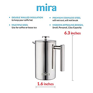 MIRA 12 oz Stainless Steel French Press Coffee Maker | Double Walled Insulated Coffee & Tea Brewer Pot & Maker | Keeps Brewed Coffee or Tea Hot | 350 ml
