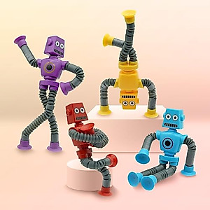 Limpskys 4 Pack Suction Cup Robot Toy,Robot Toys,Robot Toys for Kids 3-5 5-7,pop Tubes Robots,Suction Cup Toys,Road Trip Toys,Mini Robot,Telescopic Suction Cup Animal Toys