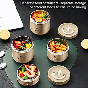 TiLeMiun Portable Insulated Lunch Containers Set, Microwave Safe Thermal Lunch Box For Kids & Aldults, 18/8 Stainless Steel Leakproof Food Container With Bag (Khaki 2Pcs 34oz)