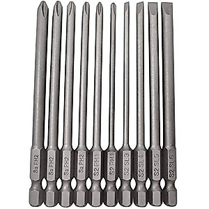 YDLQWCZ Long Slotted Head and Cross Phillips Screwdriver Bit Sets with 1/4 Inch Hex Shank 4 inch Lenght 4pcs Slotted Head and 6pcs Philips Cross Head Screw Driver Bits (10Pcs Slotted + Cross 100mm)