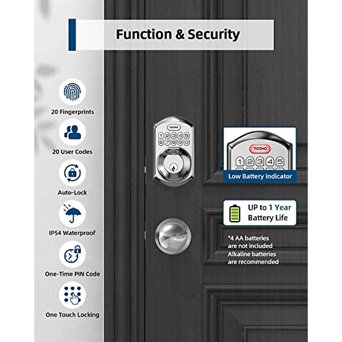 TEEHO TE002K Fingerprint Door Lock Set - Keyless Entry Door Lock with Handle - Door Knob with Keypad Deadbolt - Smart Locks for Front Door - Auto Lock - No Need App - Easy Installation - Satin Nickel