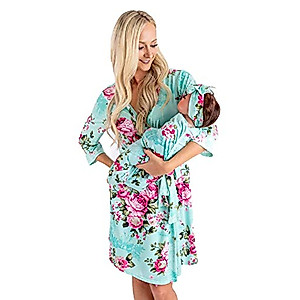 DOUBLE THE SPRINKLES Matching Robe and Swaddle Set Mom And Baby - Mommy & Me Matching Outfits, Hospital Robe For Labor With Delivery Gown, Baby Blanket & Headband (XL, Aqua Floral)