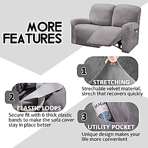 ULTICOR Reclining Love Seat Slipcover, 48" - 65" L, 6-Piece Velvet Stretch Loveseat Reclining Sofa Covers, 2 seat Love seat Recliner Cover, Thick, Soft, Washable (Light Grey)