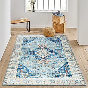 BESTSWEETIE Area Rug 5x7 Rugs for Living Room 5 x 7 Washable Rugs Non Slip Vintage Boho Living Room Rugs for Bedroom Dining Room, Distressed Pattern Carpet, Blue Multi