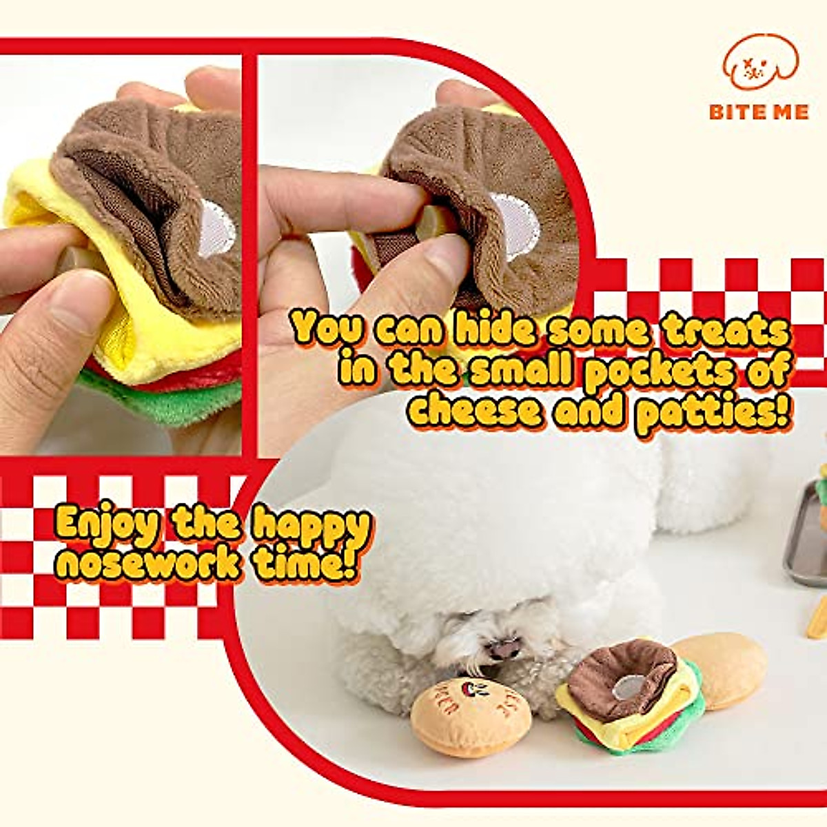 BITE ME Cheese Burger Nose-Work Toy, Dog Hide and Seek Interactive Toy, Pet Toy for Small and Medium Size Dogs, Dog Nose Work Toy and Sniffling Training Toy, Chew Toy