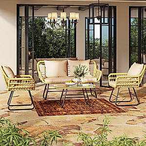 YITAHOME 4-Piece Patio Furniture Wicker Outdoor Bistro Set, All-Weather Rattan Conversation Loveseat Chairs for Backyard, Balcony and Deck with Soft Cushions and Metal Table (Light Brown+Beige)