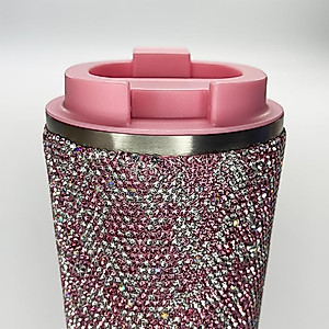 Cupcupmore 12 oz Bling Pink&White Rhinestone Stainless Steel Coffee Tumbler,Shiny Travel Insulated Coffee Mug with Lid, Reusable Spill Proof Coffee Cup,Portable Thermal Mug for Hot and Cold